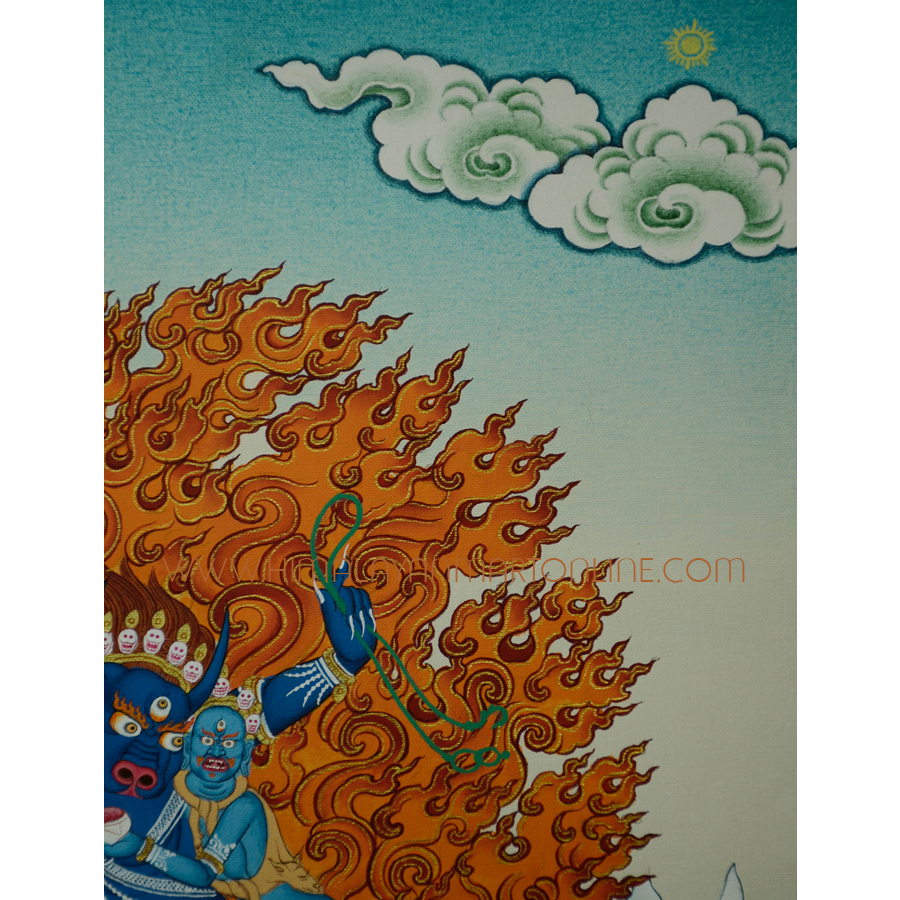 Yamantaka with Consort Thangka Painting: Yamantaka also Vajrabhairava.