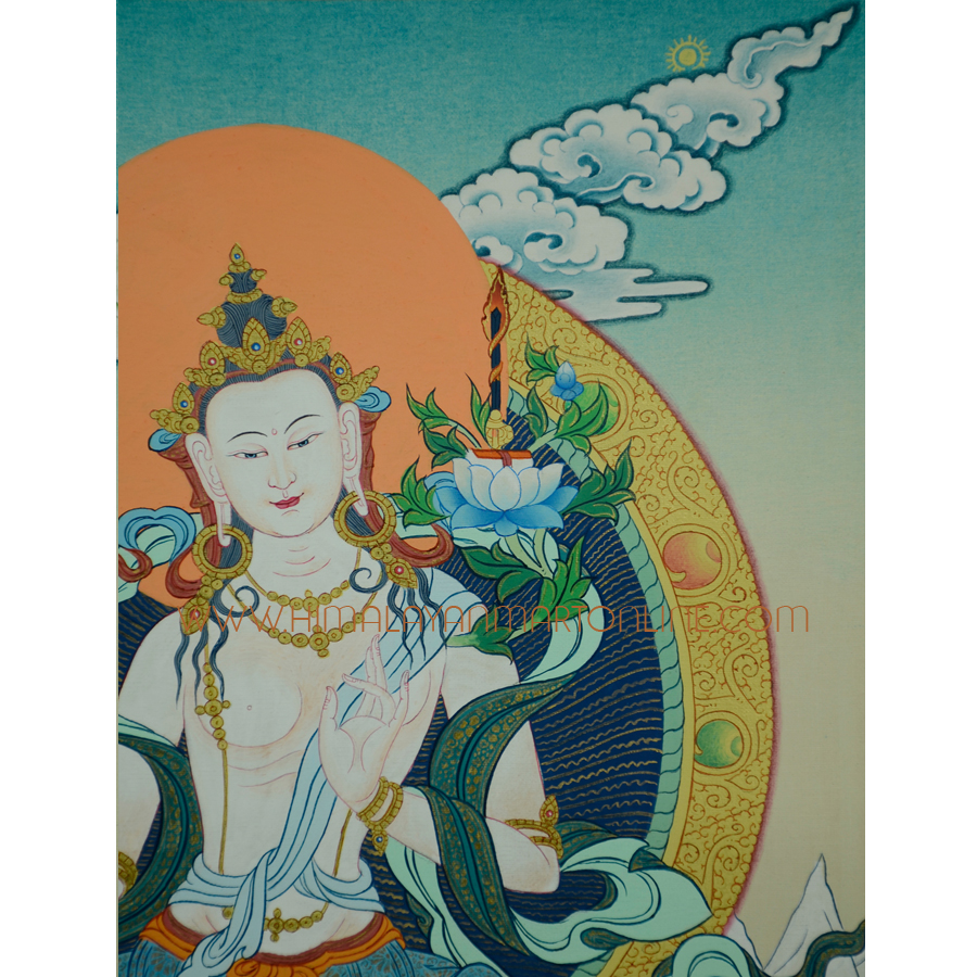 White Manjushri Thangka Painting: White Manjushri the wisdom deity.