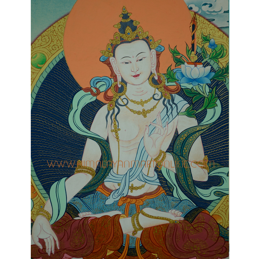White Manjushri Thangka Painting: White Manjushri the wisdom deity.