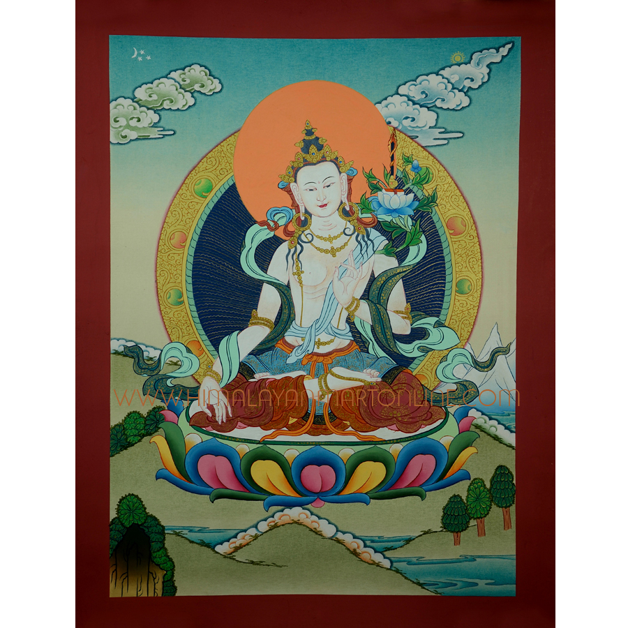 White Manjushri Thangka Painting: White Manjushri the wisdom deity.