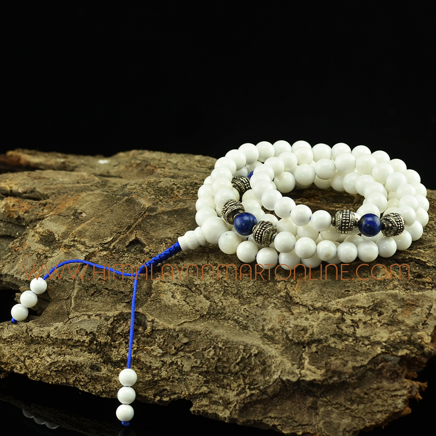 8 mm Conch Shell 108 Prayer Beads Mala with Lapis Partition Beads