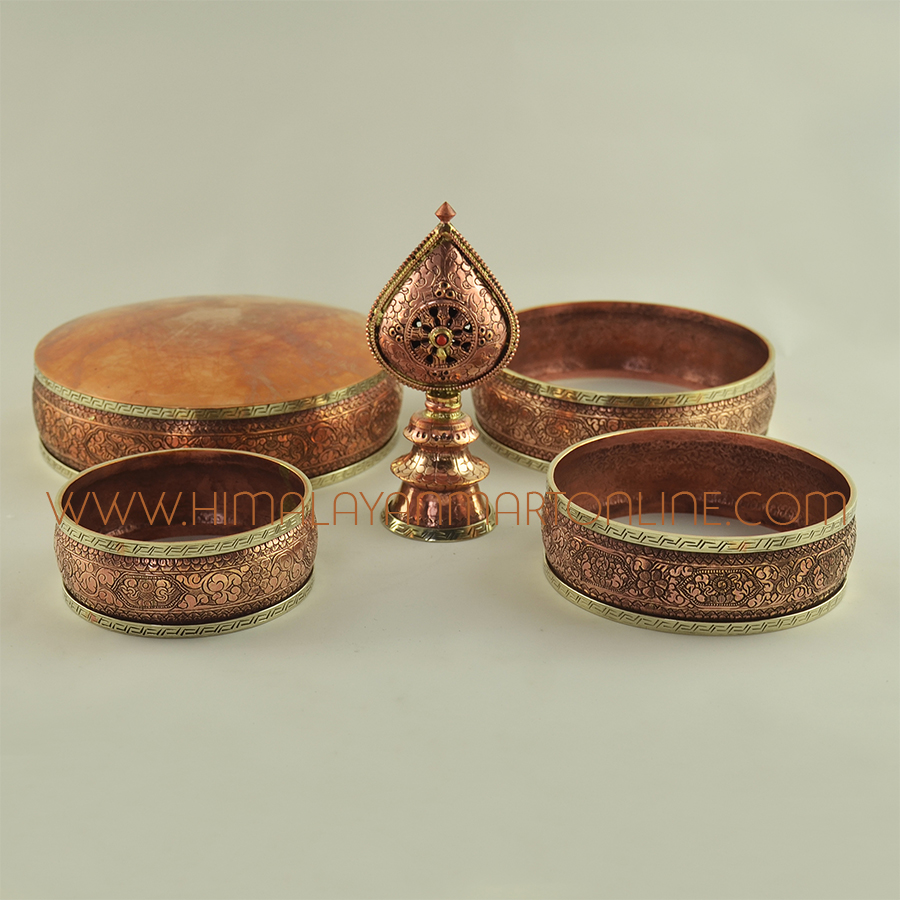 Tibetan Buddhist Copper with Brass Rings Offering Mandala Set 6" Diameter