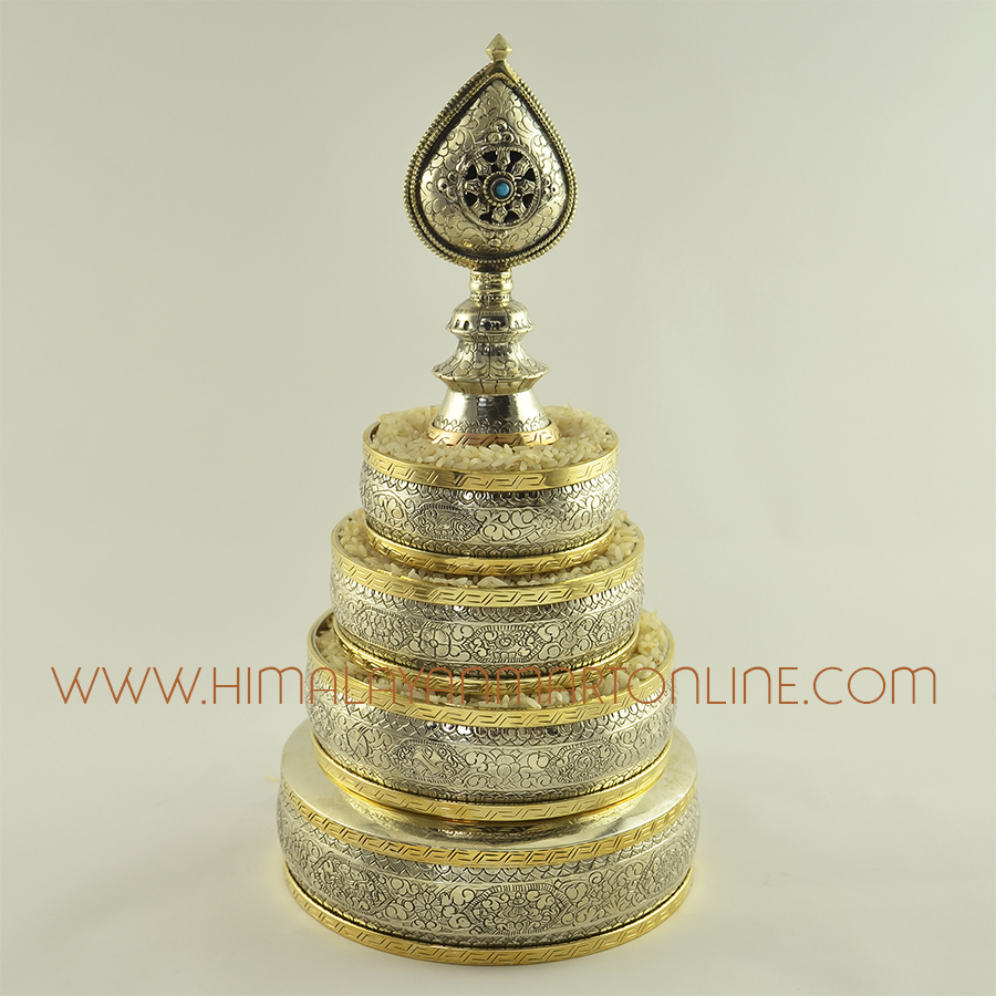 Hand Engraved Tibetan White Metal With Brass Rings Mandala Offering Set
