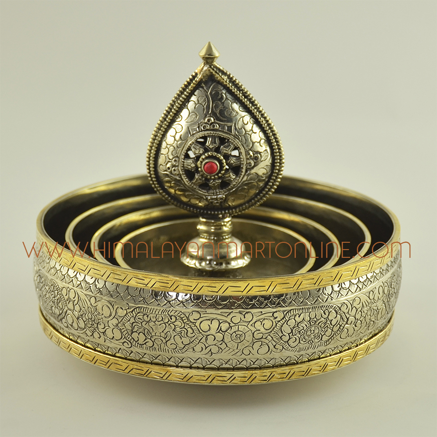 Hand Engraved Tibetan White Metal with Brass Rings Mandala Offering Set