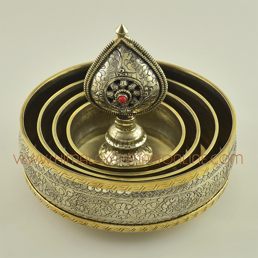 Hand Engraved Tibetan White Metal with Brass Rings Mandala Offering Set