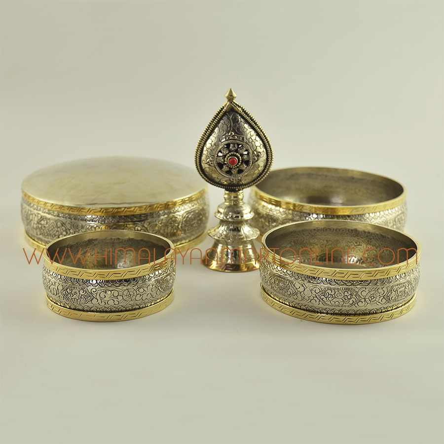 Hand Engraved Tibetan White Metal With Brass Rings Mandala Offering Set