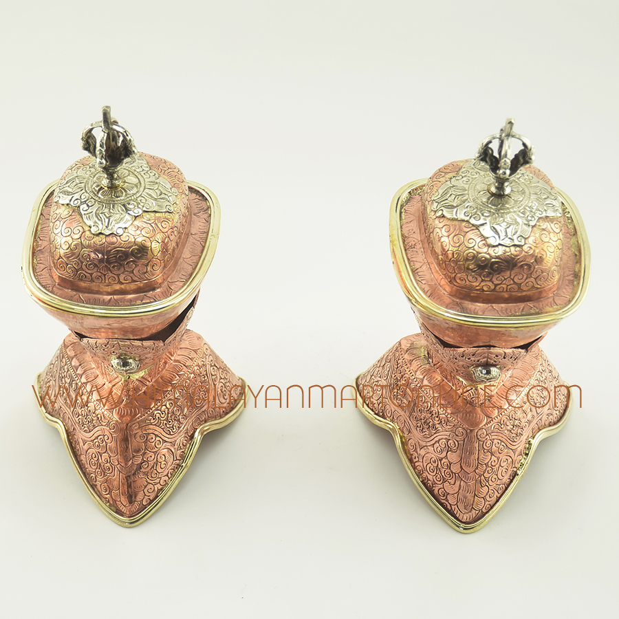 Hand Carved Oxidized Copper Alloy 7" Tibetan Buddhist Kapala Ritual Cup Set