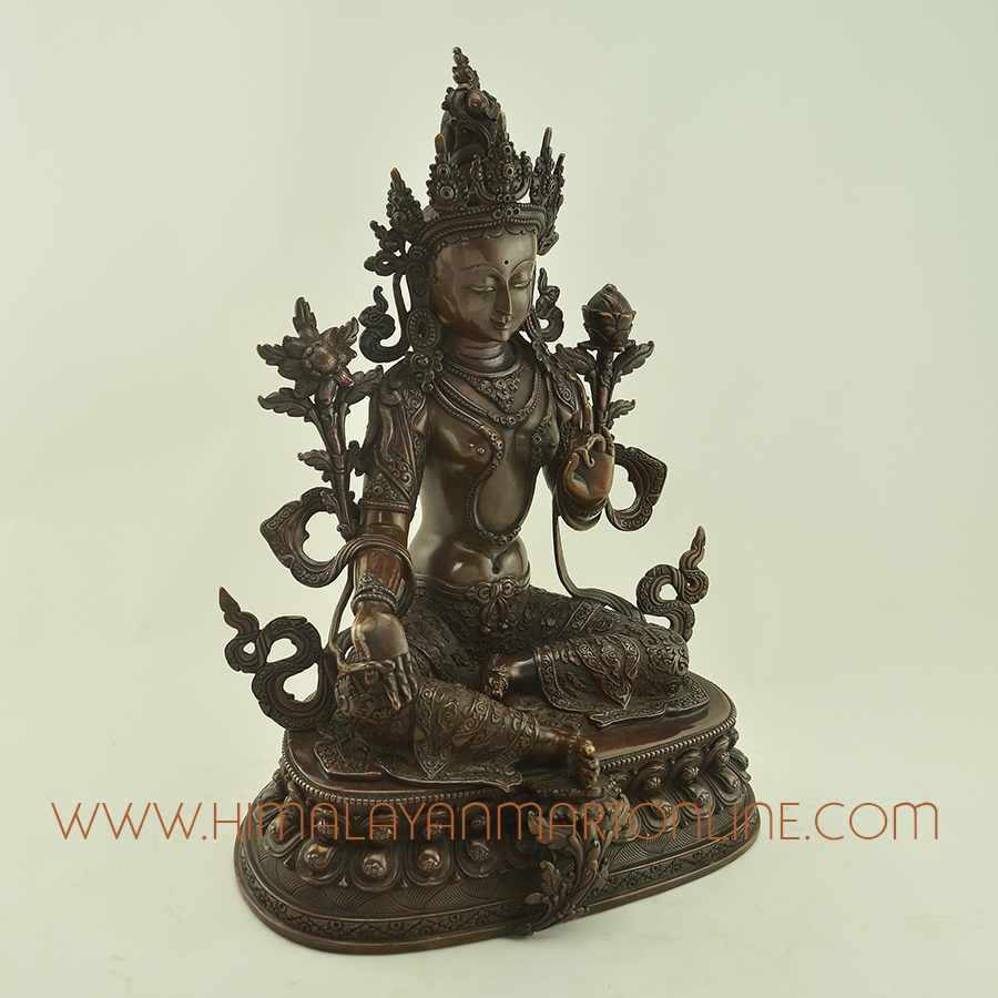 Finely Hand Carved 13" Green Tara / Drolma Copper Statue from Patan, Nepal
